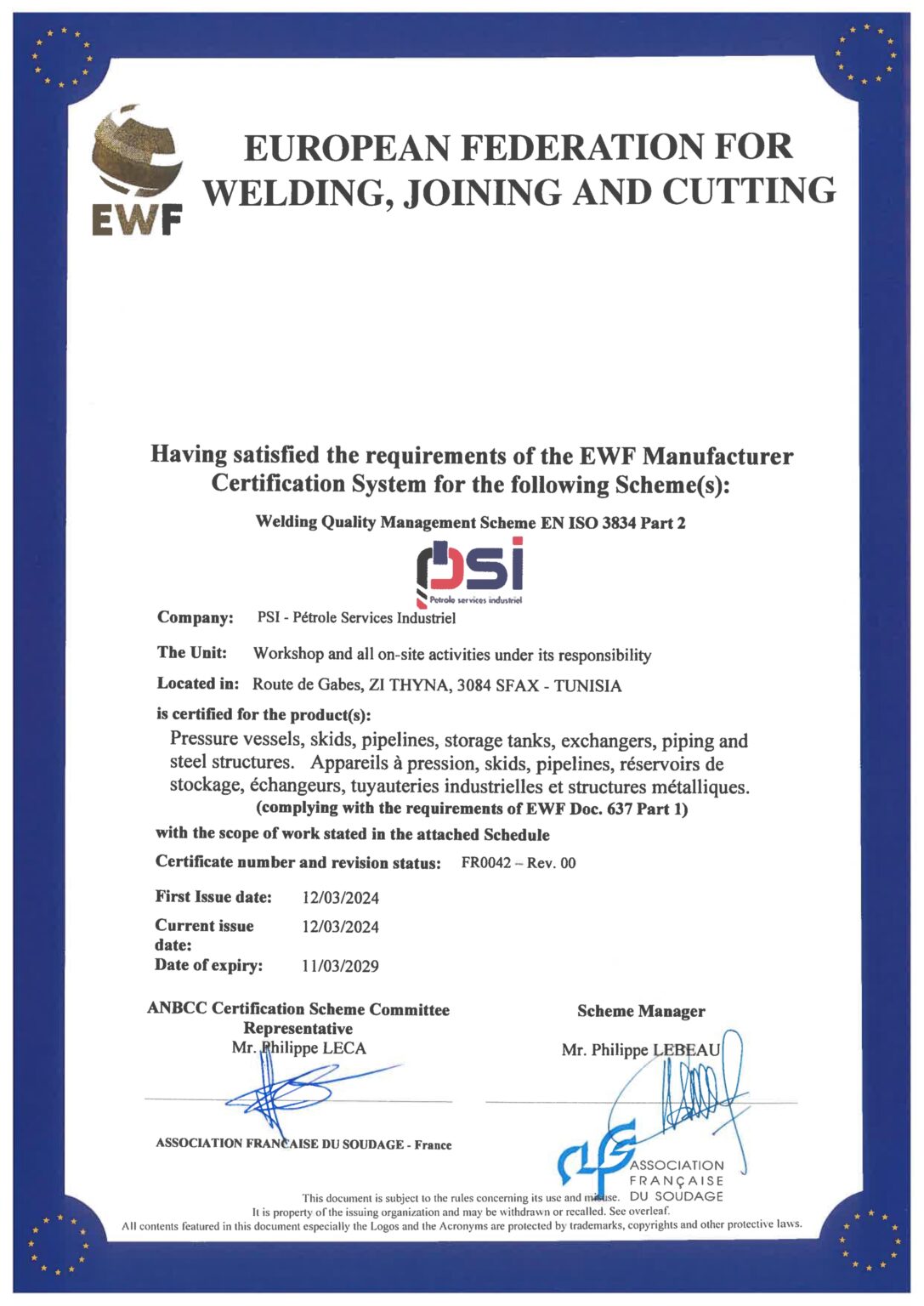EWF ISO 3834-2 Certificate - PSI