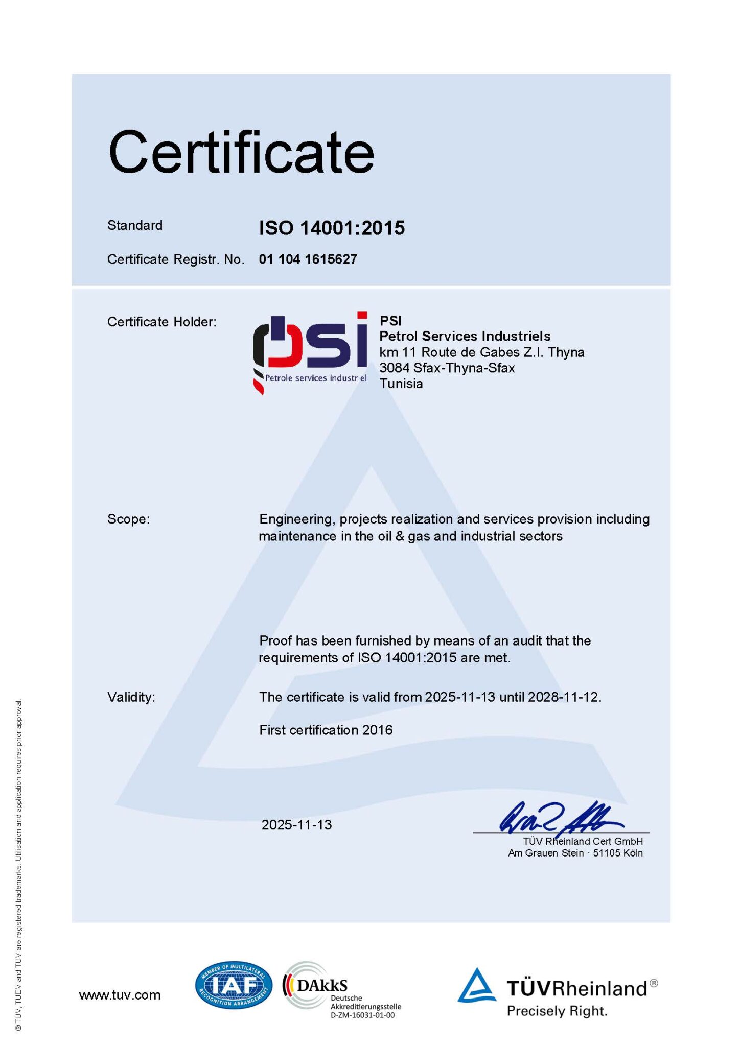 Certificate ISO 14001 - PSI